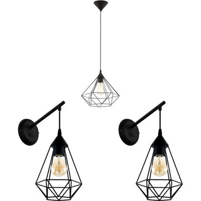 Stylish Black Geometric Pendant Light With 2 Matching Wall Fixtures by ...