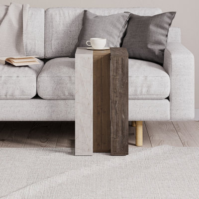 Decortie Muju Modern C Shape Table Gold Marble Effect Oak Effect Dark ...