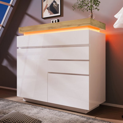 Btm White High-Gloss Sideboard With 2 Doors, 3 Drawers & Rgb Led (App ...