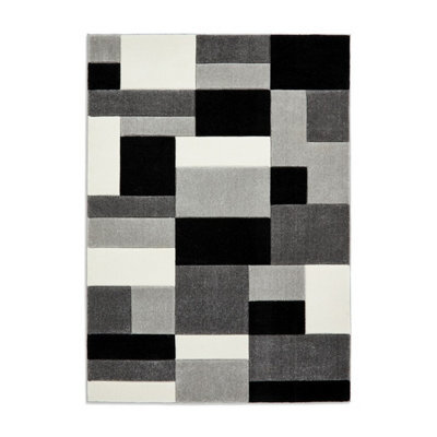 Grey Black Rug, 10mm Thick Modern Rug, Grey Black Geometric Rug For ...