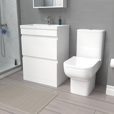 Nes Home White 600mm 2 Drawers Basin Vanity Unit & Close Coupled Toilet ...
