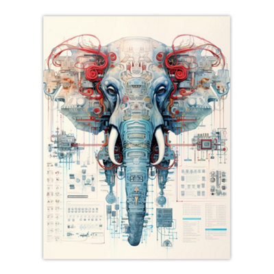 Artery8 Unframed Wall Art Elephant Robot Hybrid Schematic Blue ...
