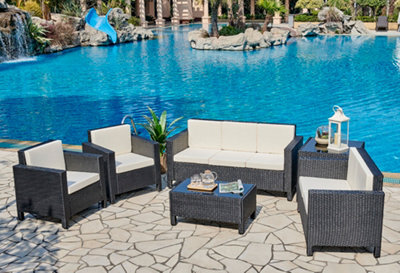 Home Detail 6 Piece Black Rattan Sofa Garden Lounge Set Black Glass ...