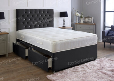 Comfy Deluxe Black Plush 3Ft Single Divan Bed With Mattress And ...