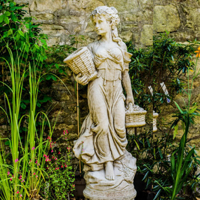 Large Stone Cast Lady Carrying Basket Garden Statue by B&Q | ufurnish.com