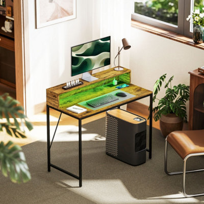 Homcom Computer Desk With Led Lights, Study Table With Shelf, Rustic ...