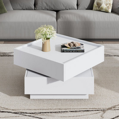 Btm White Square 360 Rotating Coffee Table With 2 Drawers 2 Tier ...