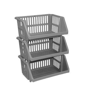 Set Of 3 Silver Plastic Stacking Basket Multi-Purpose Storage Rack Stand Stackable Shelves ...