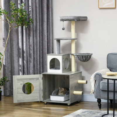 Pawhut Cat Litter Box Enclosure, With Cat House, Bed, Scratching Posts ...