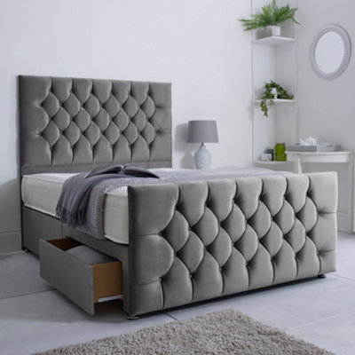 Bsspoke Maya 6Ft-Super King Divan Bed Set Grey Plush Velvet With 2 ...