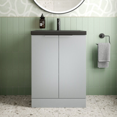 Affine 600mm Fluted Grey Floorstanding Vanity Unit Black Ceramic Basin ...