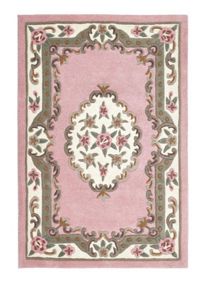Pink Traditional Wool Rug, 25mm Thickness Floral Handmade Rug, Pink Rug ...