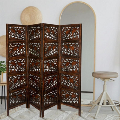 Topfurnishing 4 Panel Heavy Duty Carved Screen Wooden Elephant Screen ...