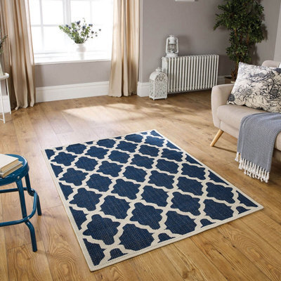 Modern Easy To Clean Geometric Flatweave Blue Dining Room Rug-120Cm X ...