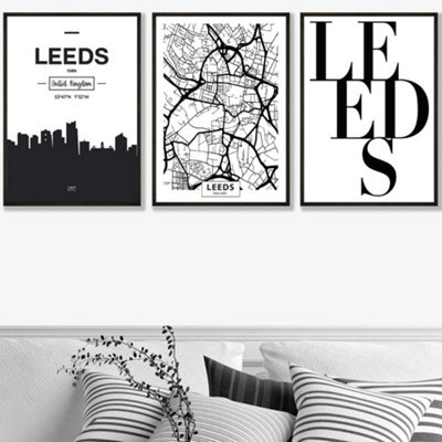 Artze Wall Art Set Of 3 Leeds Skyline Street Map City Prints Wall Art ...