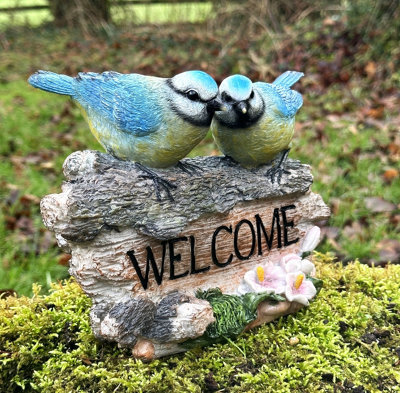 Animal Crackers Welcome Sign Ornament With Bluetits On Old Log, Garden ...