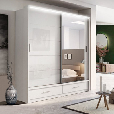 Rac3 Florence 205Cm White High Gloss Sliding Wardrobe With Led & Mirror ...