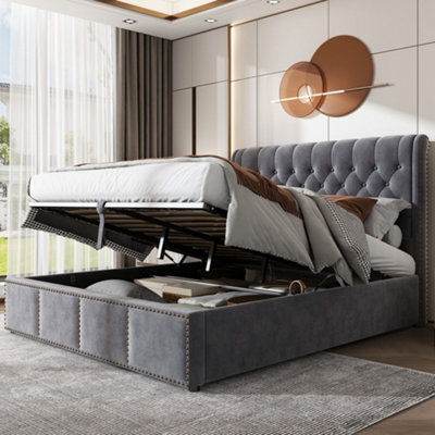 Matteo Grey Velvet Double Ottoman Storage Bed Frame With Rivet Detail ...