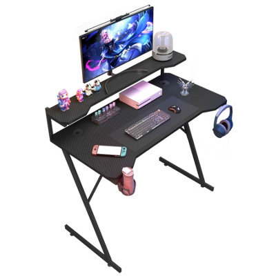 House Of Home Gaming Desk With Monitor Stand Carbon Fibre Top Black ...