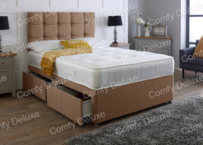 Comfy Deluxe Brown Linen 5Ft King Divan Bed Set Headboard With Mattress ...