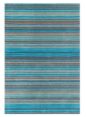 Teal Wool Rug, 1Cm Thick Striped Rug, Handmade Luxurious Modern Rug For ...