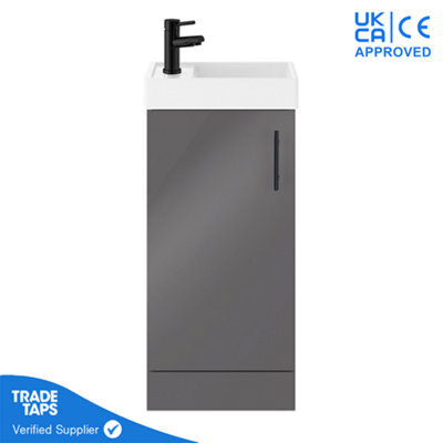 GravaHaus Grey Gloss Floor Standing Vanity Unit 400mm With Black Tap, Waste & Handle by B&Q ...