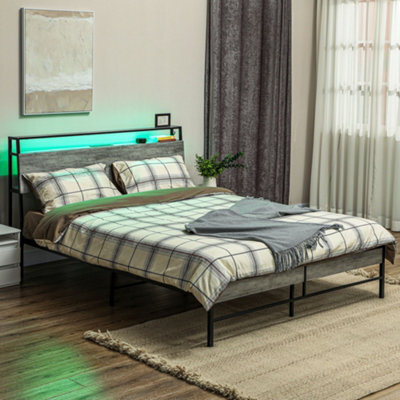 Homcom Led King Bed Frame With Charging Station, 150 X 200Cm, Cement ...