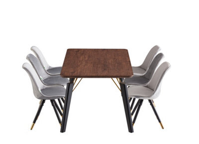 Life Interiors Sofia Cosmo Walnut Lux Dining Set With 6 Light Grey Velvet Chairs by B&Q ...