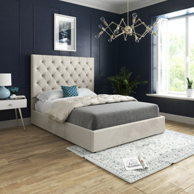 Alma Upholstered Soft Velvet Bed Frame - Cream by B&Q | ufurnish.com