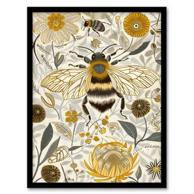 Artery8 Framed Wall Art Honey Bee Flowers Bright Stylised Floral Design ...