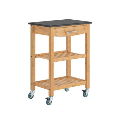 Sobuy Bamboo Kitchen Trolley Cart With Black Granite Countertop Storage ...