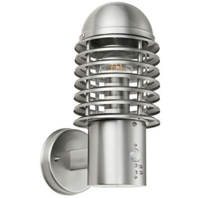 Ip44 Outdoor Wall Lamp Brushed Steel Caged Slotted Lantern Pir Move ...