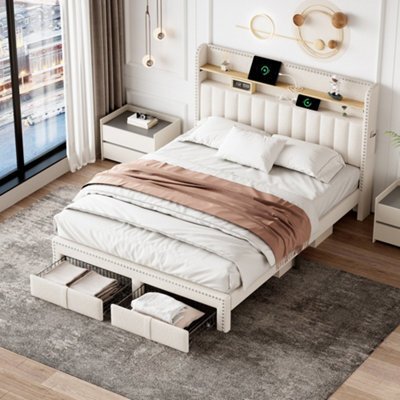 Btm 4Ft6 Linen Double Bed With 2 Drawers, Riveted Frame, Usb Charging ...