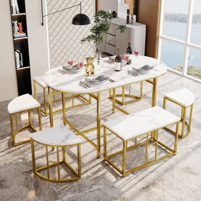 Btm Luxury Dining Set For 6 With White Mdf Table And Gold Frame Chairs Cushioned Seats For ...