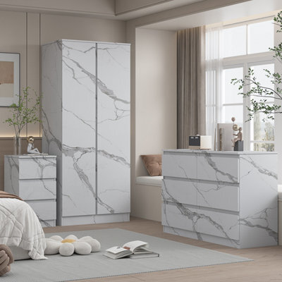 Zita White Marble Effect 3 Piece Bedroom Set - 2 Door Wardrobe, 6 ...