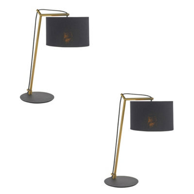 2 Pack Brass Plated Angular Table Lamp - Black Base & Cotton Shade ...