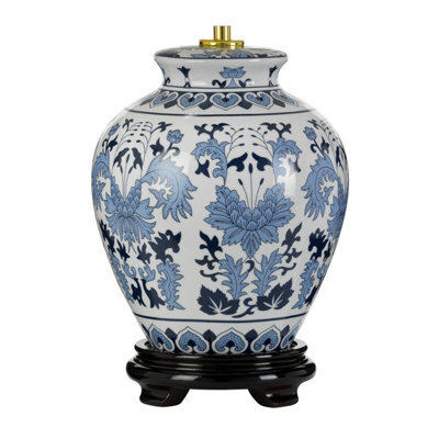 Oriental Patterned Table Lamp With Wooden Base - E27 Led Compatible by ...