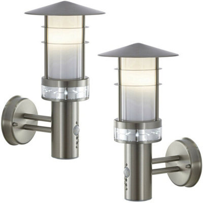 2 Pack Ip44 Outdoor Led Light Brushed Steel Pir Wall Lantern Security ...