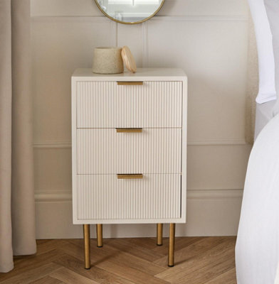 OHS Ribbed Bedside Table Modern Bedroom 3 Draw Office Nightstand, Cream ...