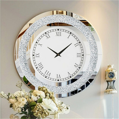 Artloge 60Cm Silver Round Wall Clock Mirror Glass Crush Diamond Clock ...