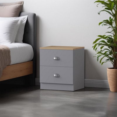 Fwstyle Matt Grey 2 Drawer Bedside Table Cabinet Oak Top Nightstand by ...