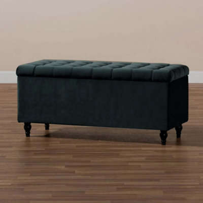 90Cm Cubed Upholstered Ottoman Storage Box Black Plush Velvet ...