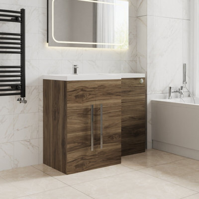 Sundaze 1100mm Walnut Bathroom Combined Furniture L-Shape Vanity Unit ...