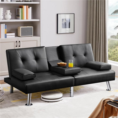 Astro Black Pu Leather Sofa Bed - Chrome Legs-Cup Holders, 3-Seater Multipurpose Couch/ Sofa by ...
