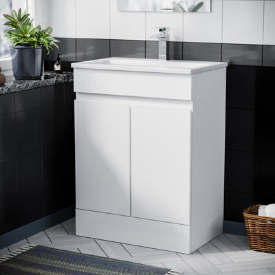 Nes Home White 600mm Pvc Freestanding Bathroom Slim Basin Vanity Unit ...