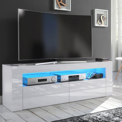 Furneo White Tv Stand 145Cm Unit Cabinet Matt & High Gloss Clifton 13 ...