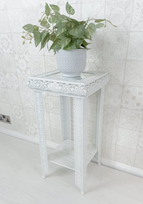 Downton Interiors White Embossed Metal Mirrored Glass Side Table With ...
