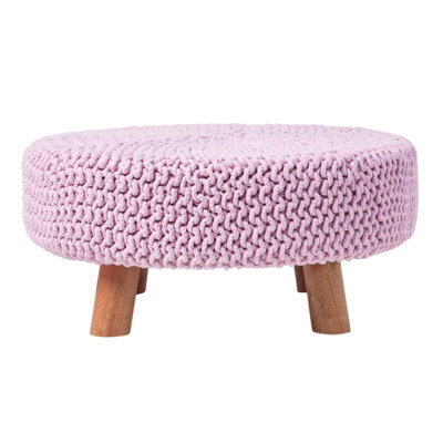 Homescapes Pastel Pink Large Round Cotton Knitted Footstool On Legs by ...