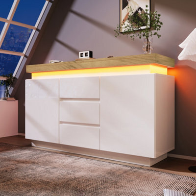 Btm White High-Gloss Sideboard With 2 Doors, 3 Drawers & Rgb Led (App ...