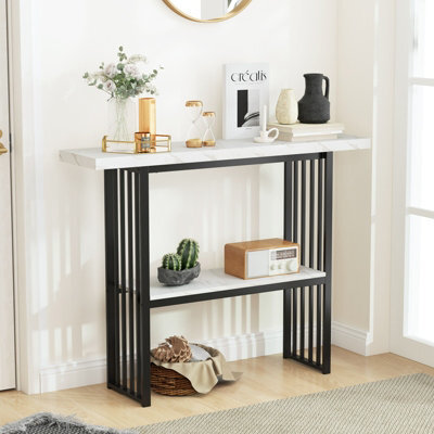 Costway 2-Tier Console Table White Faux Marble Sofa Table Modern Entryway Hallway Narrow Table ...